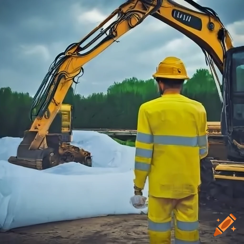 Geotextile assembly in construction site with excavator on Craiyon