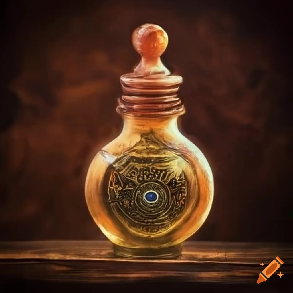 Ornate blue crystal vial with powder inside a room on an old ship on ...