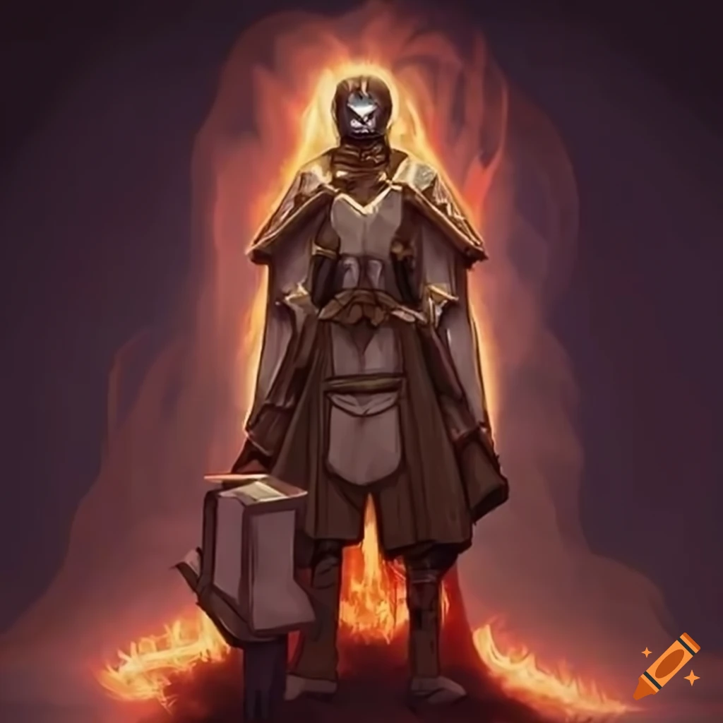 Artwork of a fiery robot cleric in fantasy setting on Craiyon