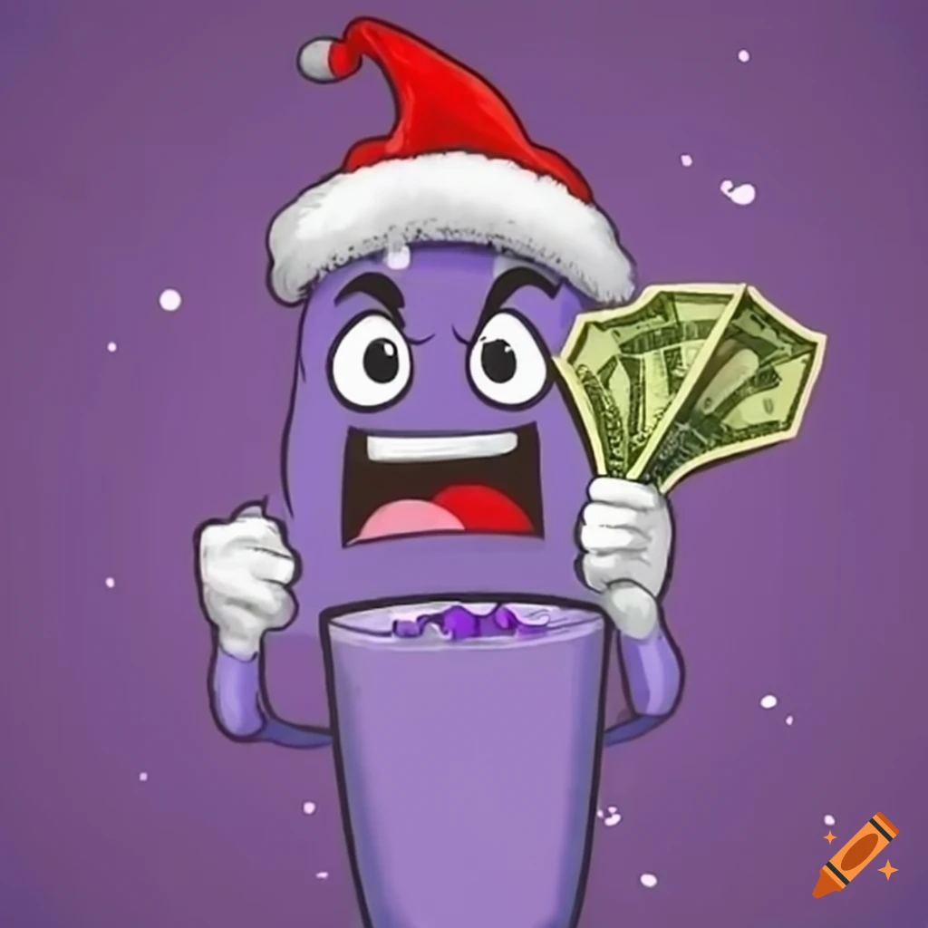 Smug Grimace wearing Santa hat, sipping milkshake, holding cash on Craiyon