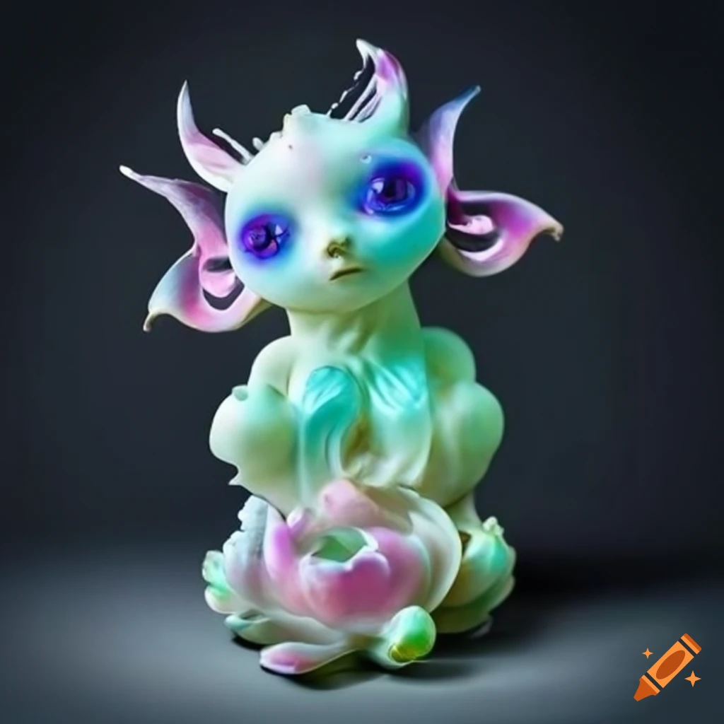 Figurine of a mythical creature with luminescent eyes and flower on Craiyon