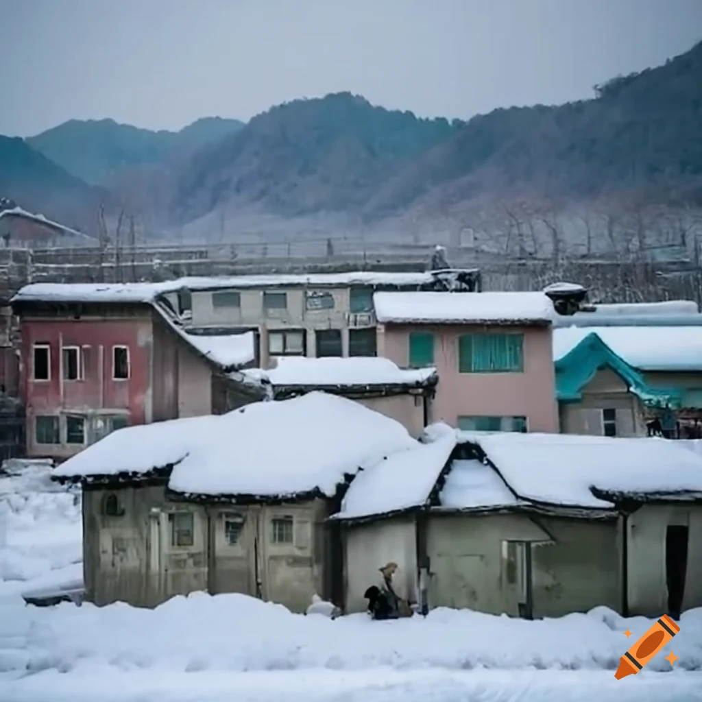Winter scenery of a small town in North Korea on Craiyon