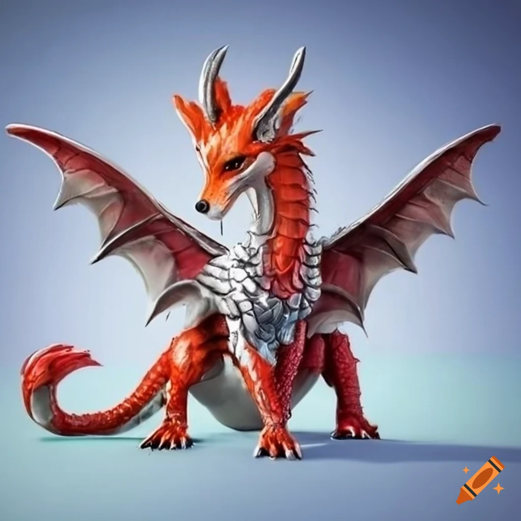 Silver and red dragon with fox-like features