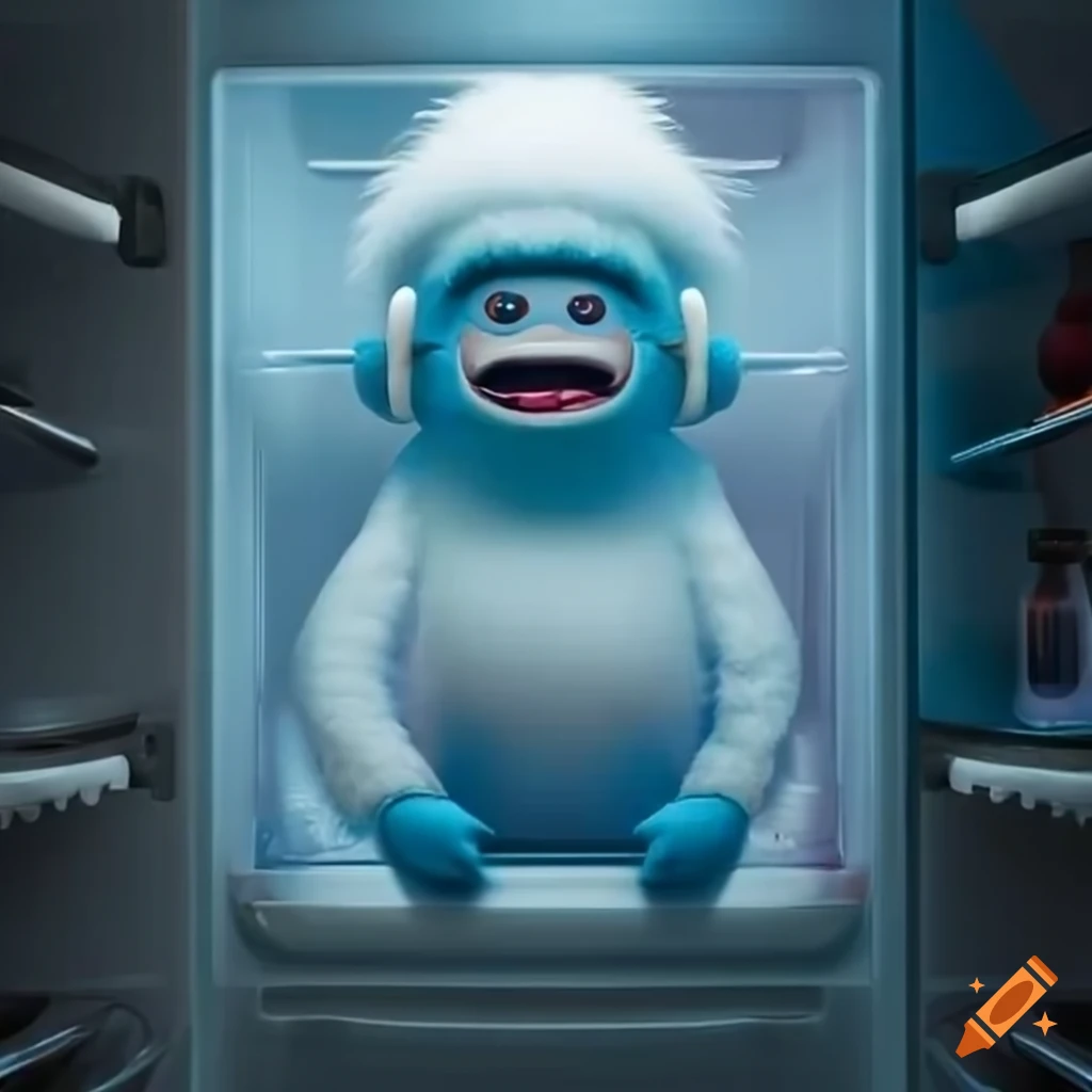 Fridge interior with a cute yeti on Craiyon