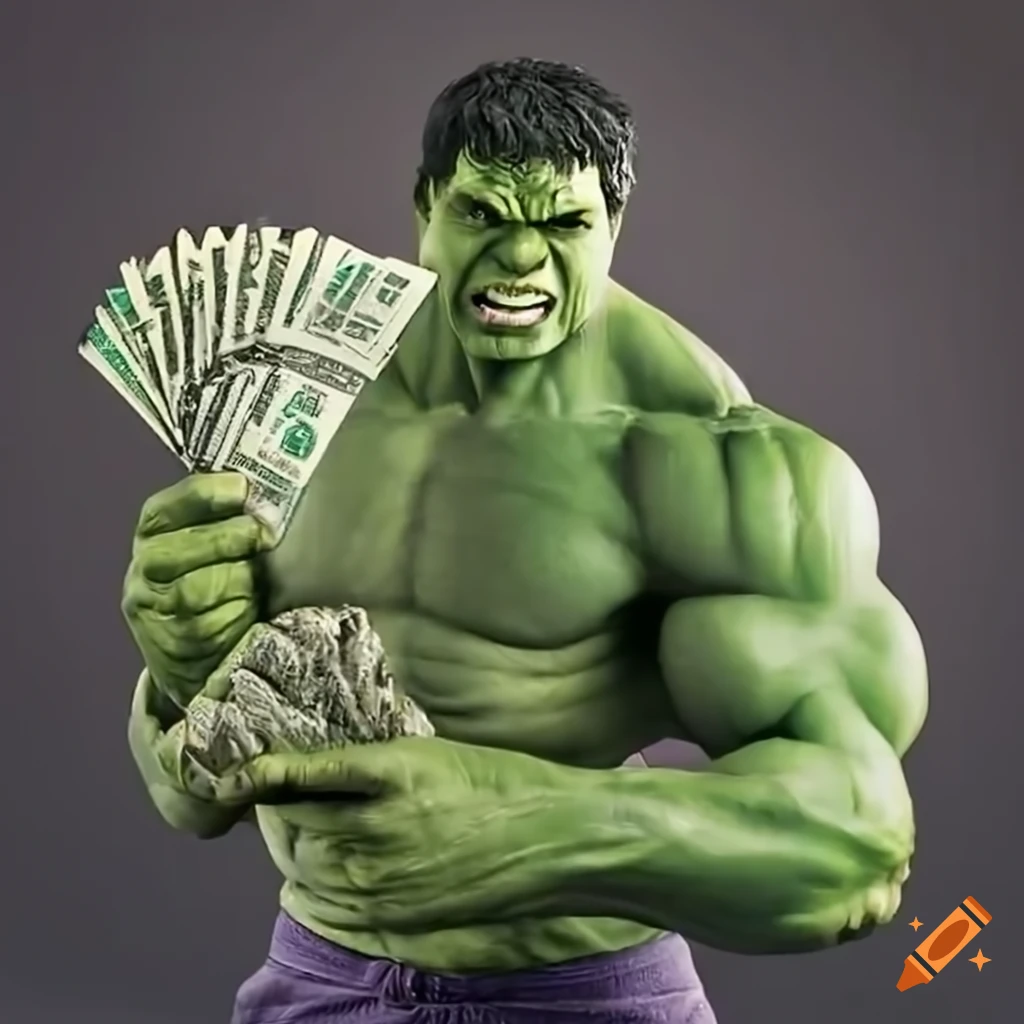 Hulk holding a fan of 100 dollar bills on Craiyon