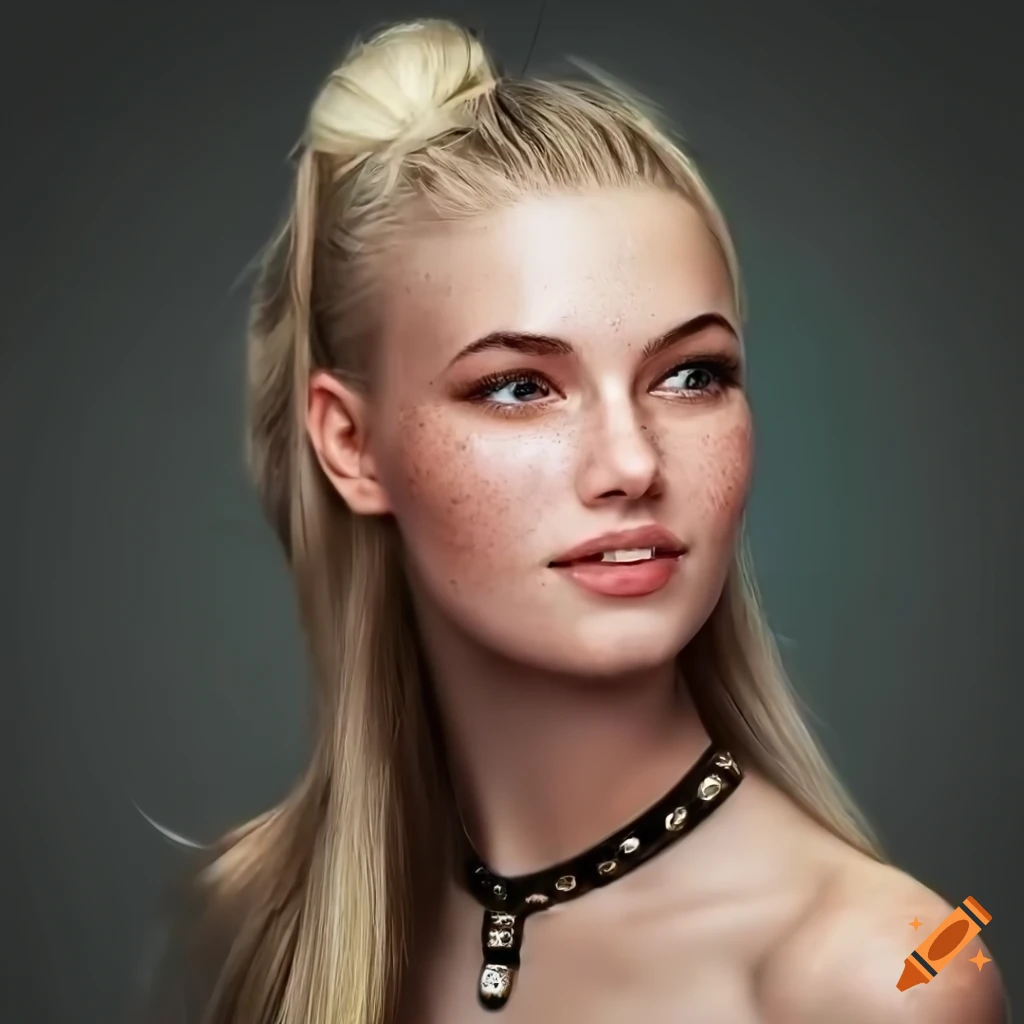 Close-up portrait of a young woman with freckles and a smile on Craiyon