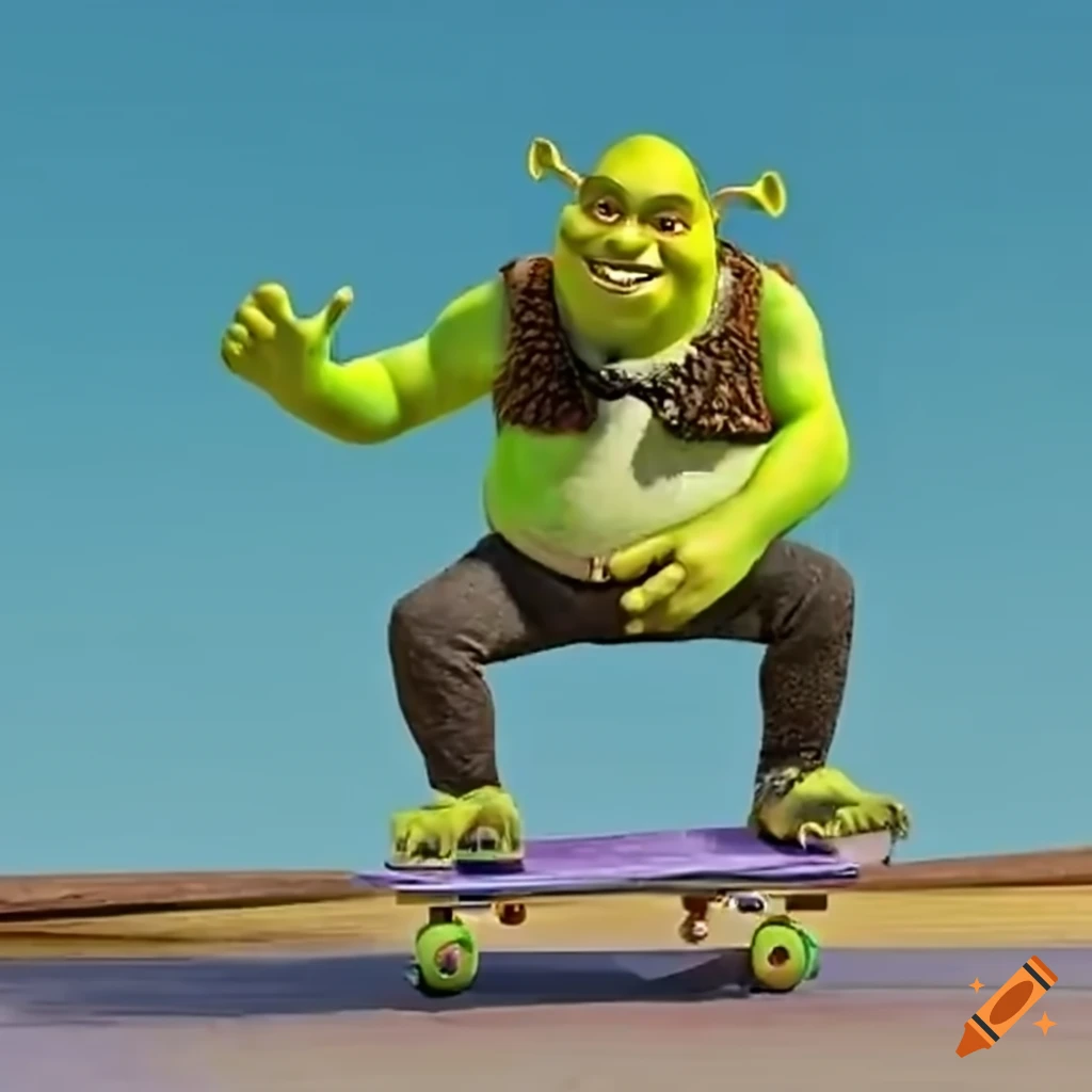 Shrek doing a kickflip on a skateboard