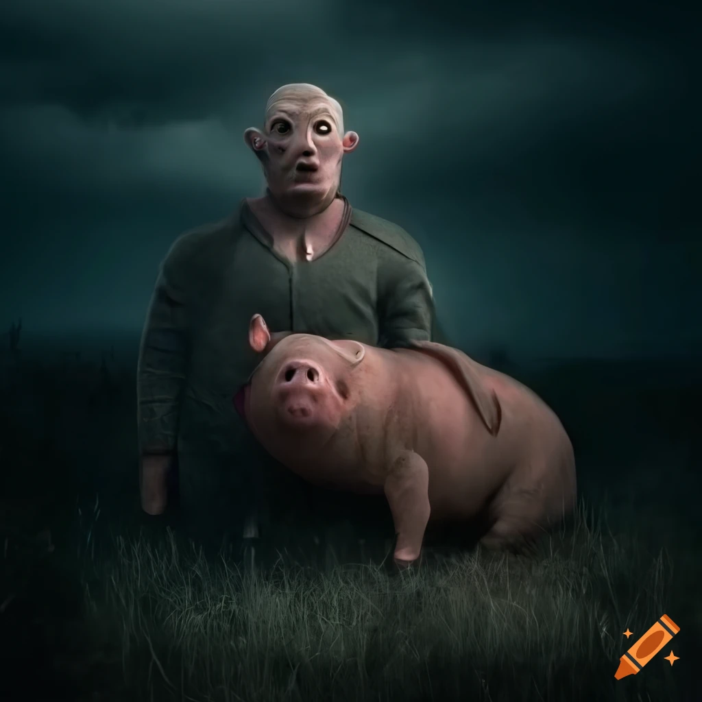 Portrait of a humanoid pig man in a dilapidated barn on Craiyon