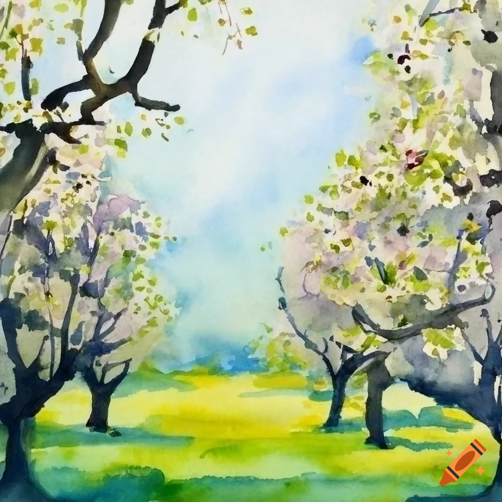 Watercolor of blooming trees in an orchard on Craiyon