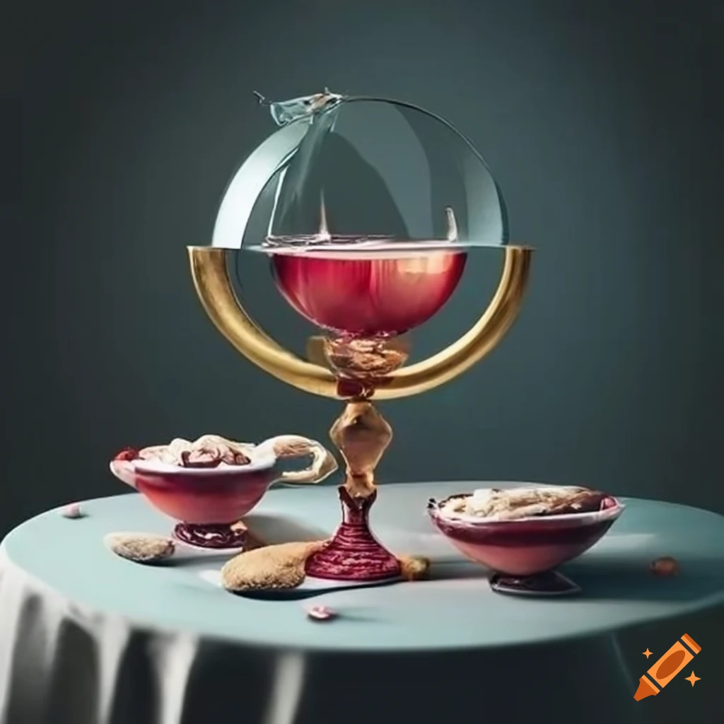 Surrealistic pastries on a table with complex wine glasses and ...