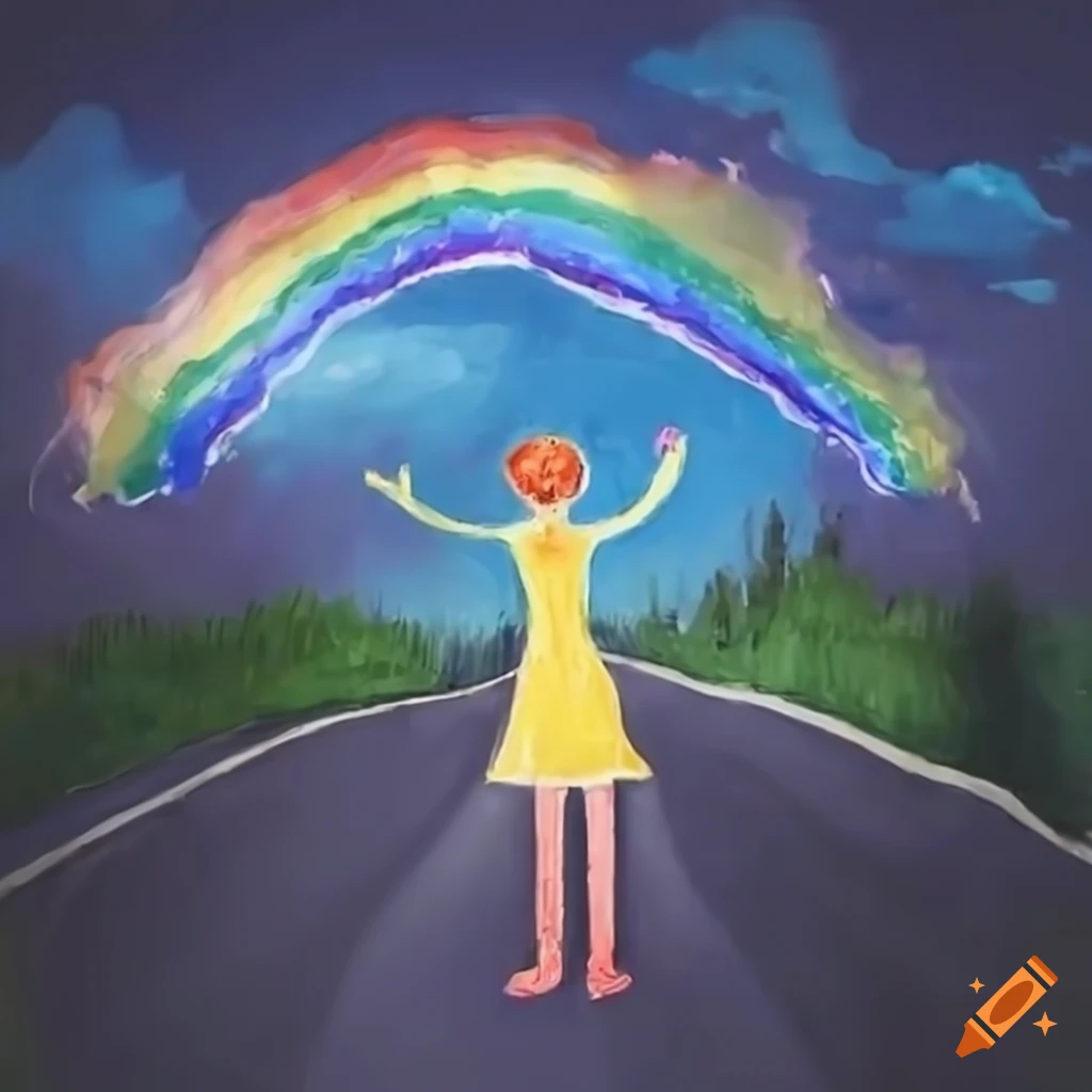 Woman drawing a rainbow on a road