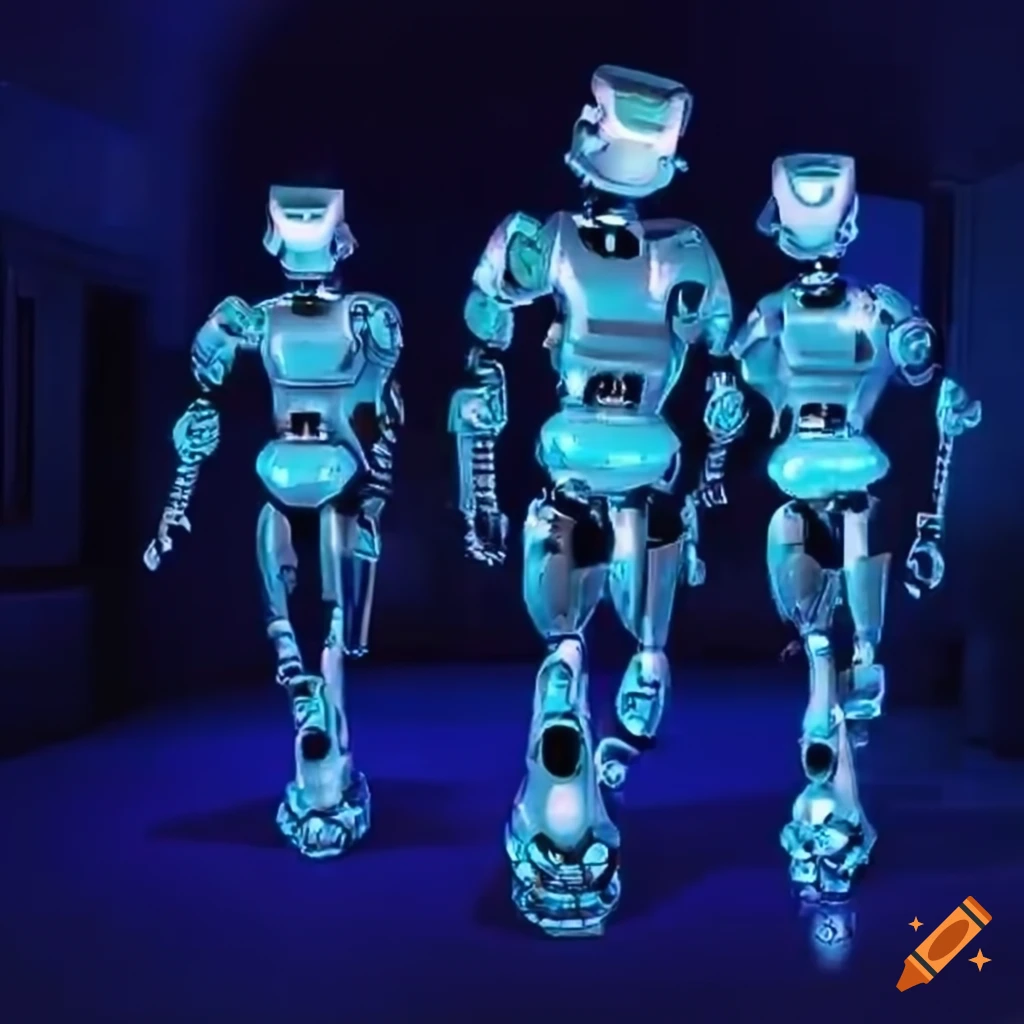 Group of angry futuristic robots with glowing eyes on Craiyon