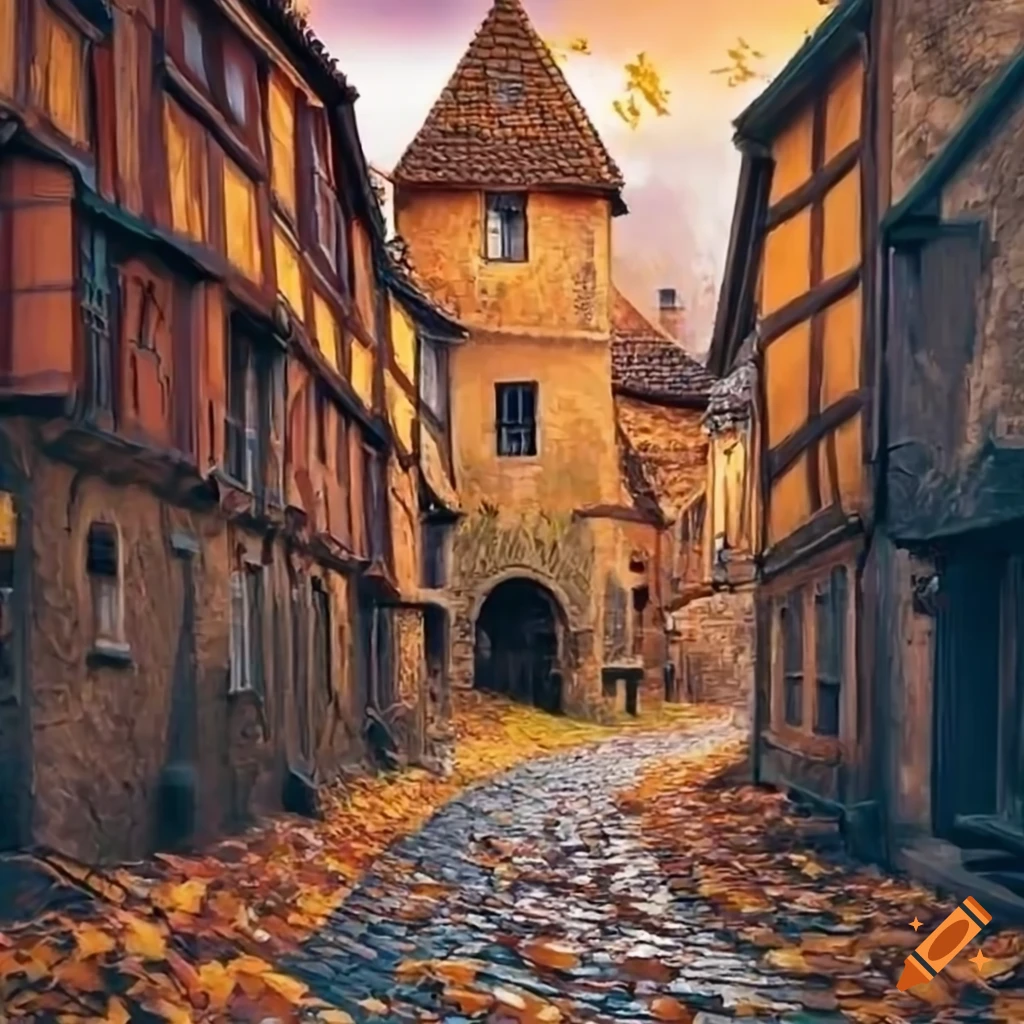 Medieval street with a tavern during fall season on Craiyon
