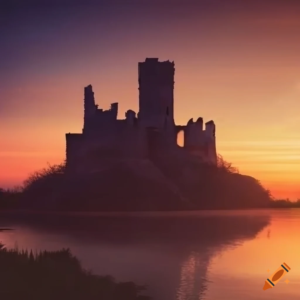Sunset at castle ruins by the lake on Craiyon