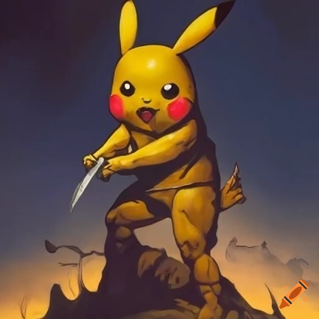 Pikachu with a sword in frank frazetta style on Craiyon