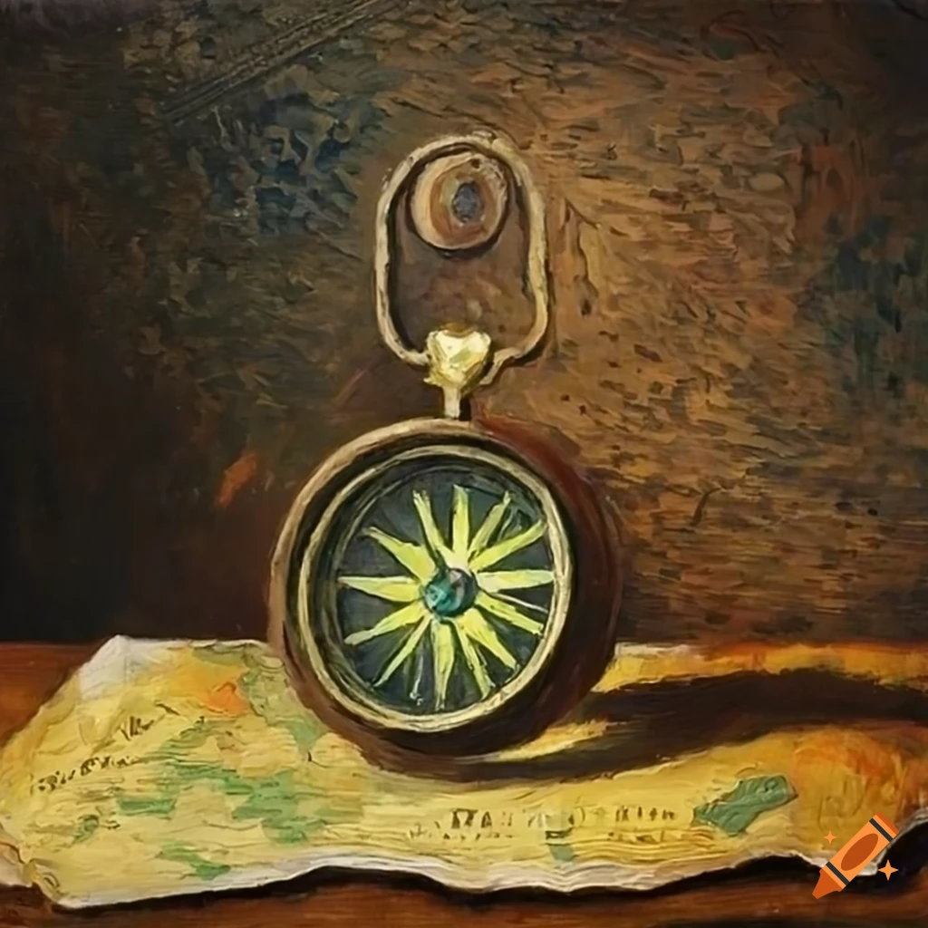 Compass painting with symbols on a beach in the style of hieronymous ...