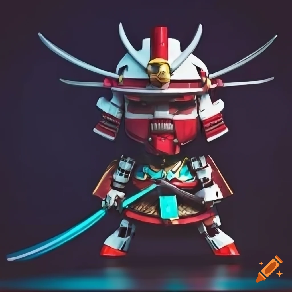 Chibi robot samurai warrior in front of a Japanese castle on Craiyon