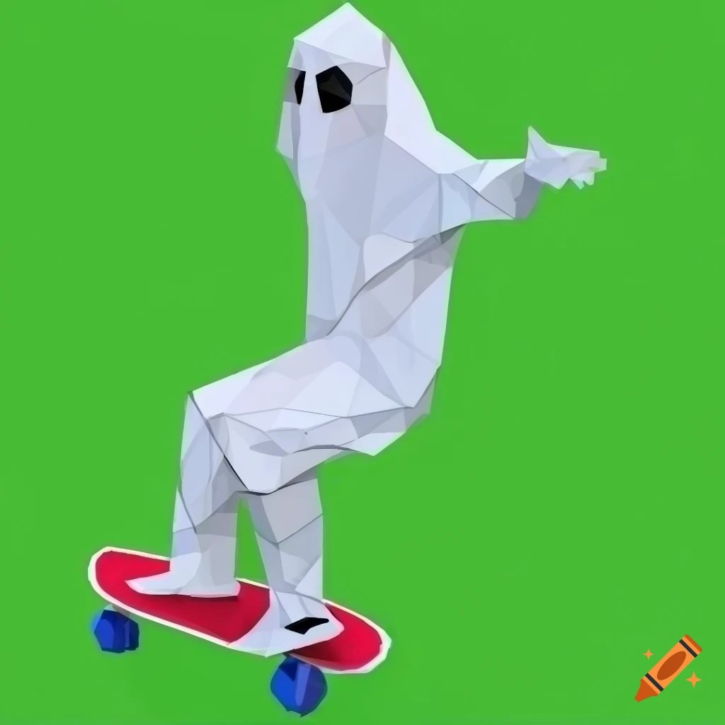 Low poly person riding skateboard in ghost sheet costume
