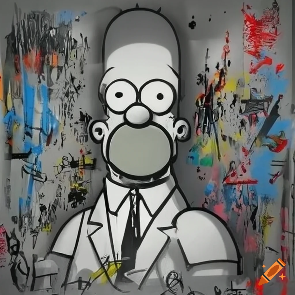 Black and white artwork of Homer Simpson by Mr. Brainwash on Craiyon