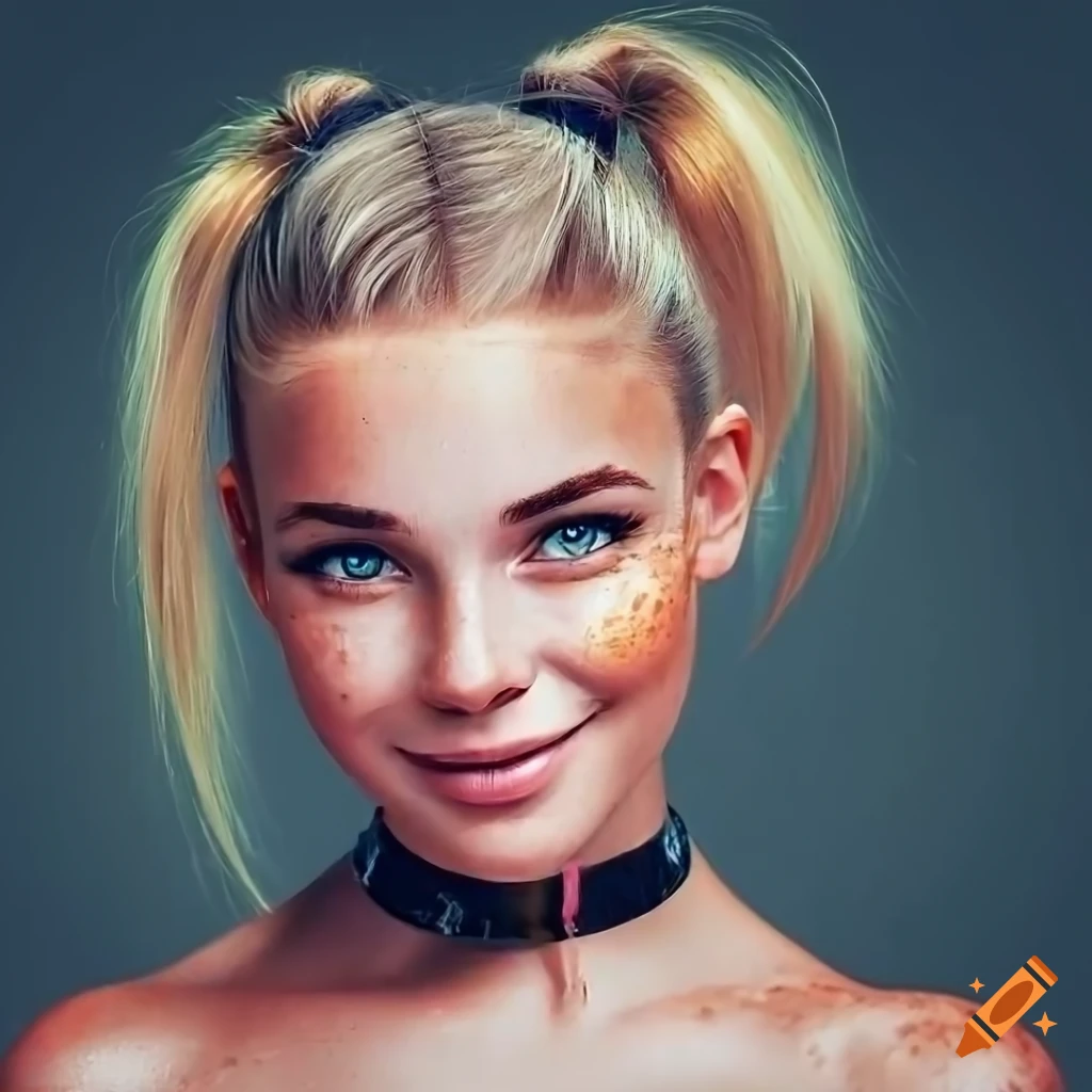Portrait Of A Beautiful Smiling Woman With Freckles And Blonde Hair On