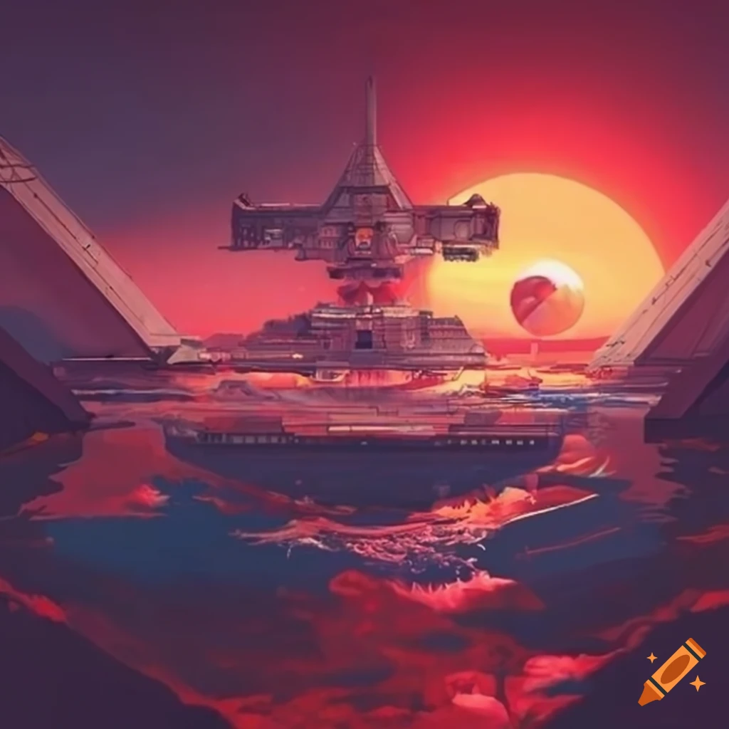 Hyper realistic anime spaceship with sunset background on Craiyon