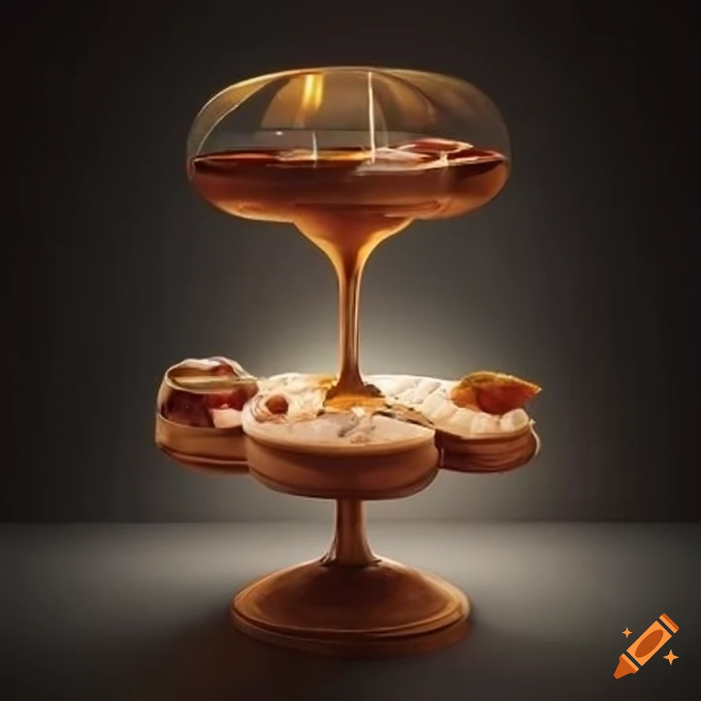 Surrealist pastries on a table with complex wine glasses and ornamental ...