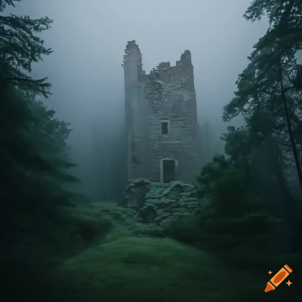 Foggy castle ruins in a mountainous landscape