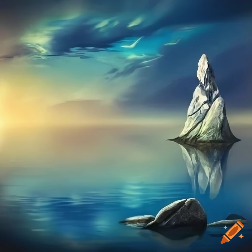 Fantasy painting of silver rocks in a lake