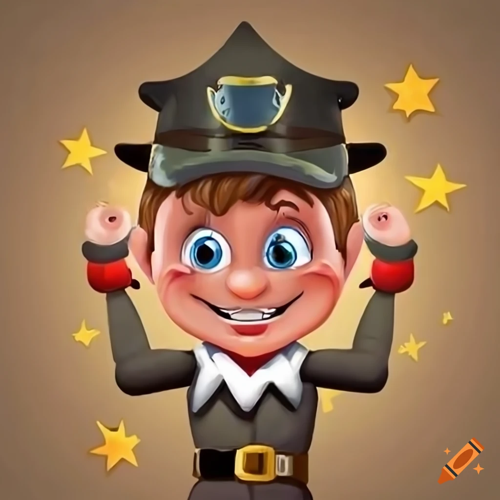 Cartoon elf with police hat and christmas spirit on Craiyon