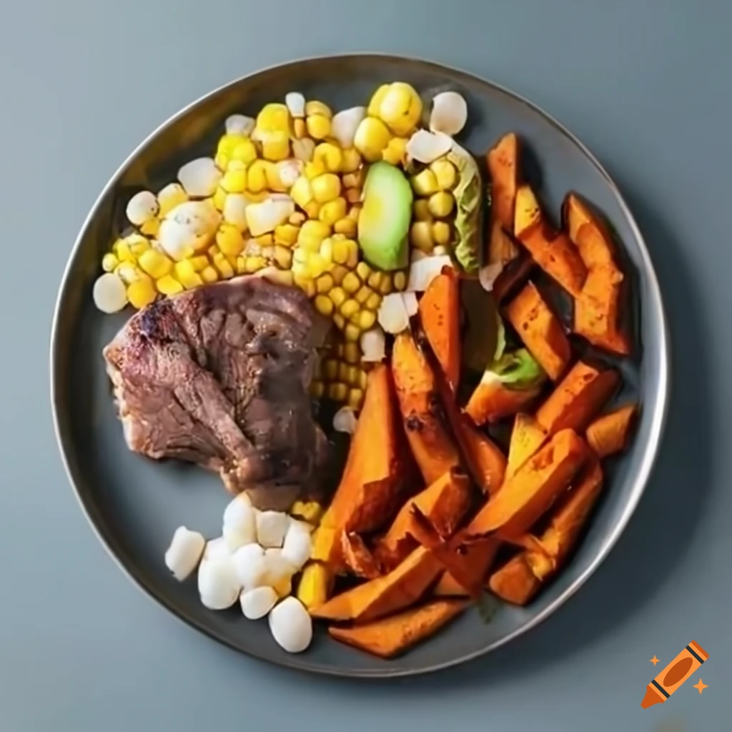 Delicious lunch plate with goat meat and vegetables on Craiyon