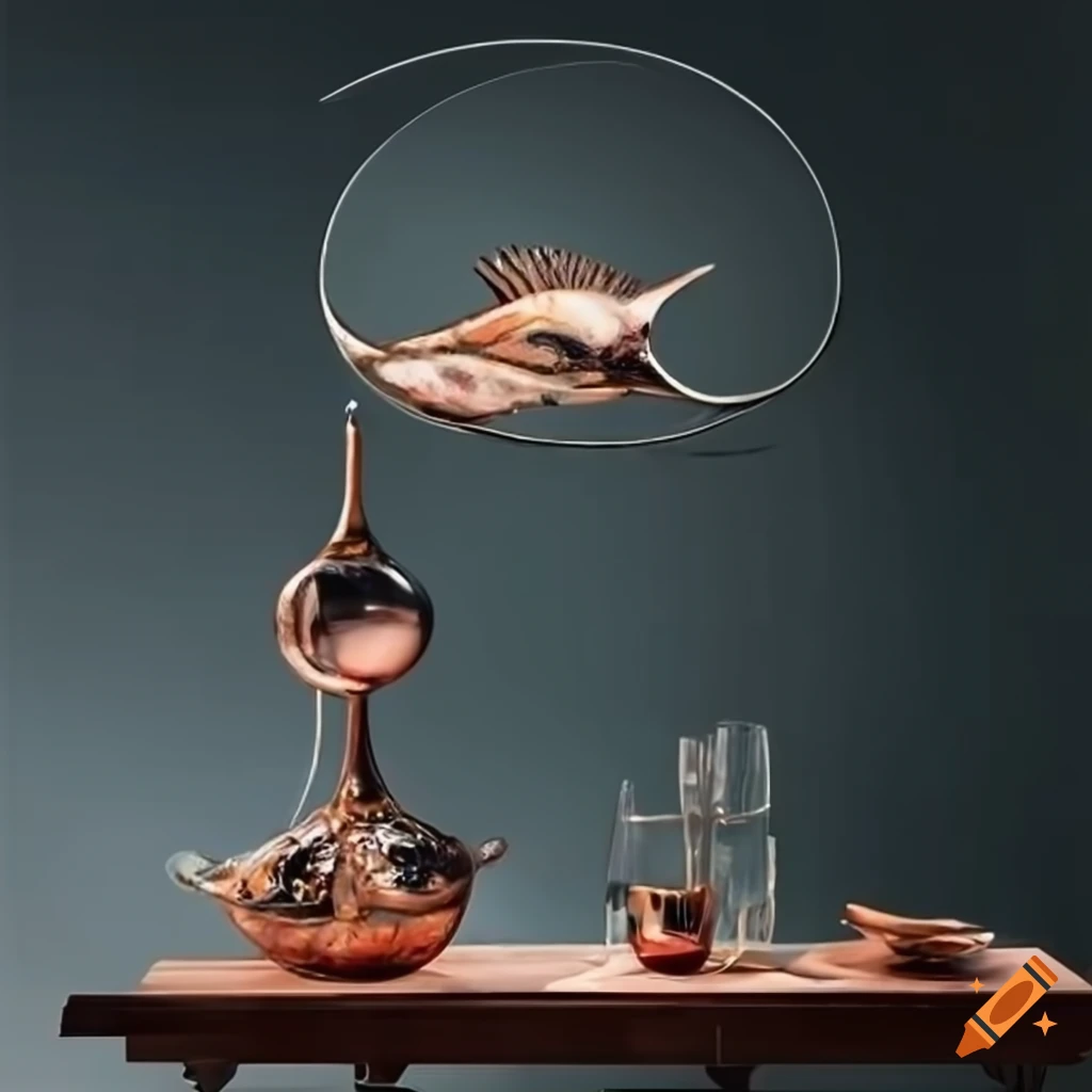 Surrealist pastries on a table with wine glasses and goldfish