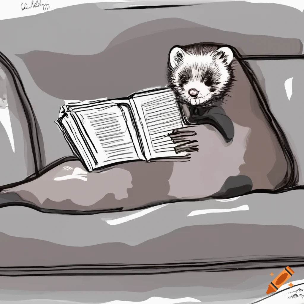 Illustration of a ferret reading a book on a couch