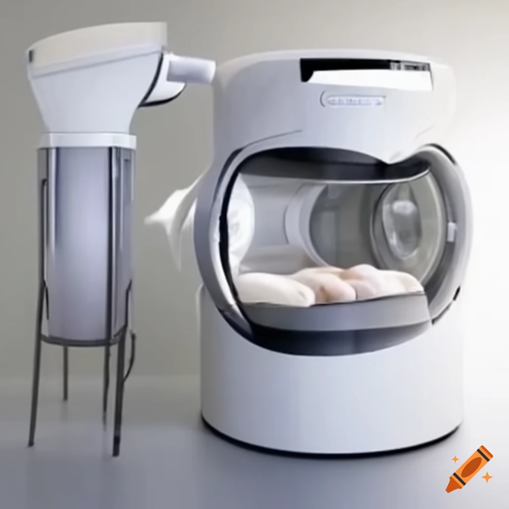 Futuristic laundry machines operated by robots on Craiyon