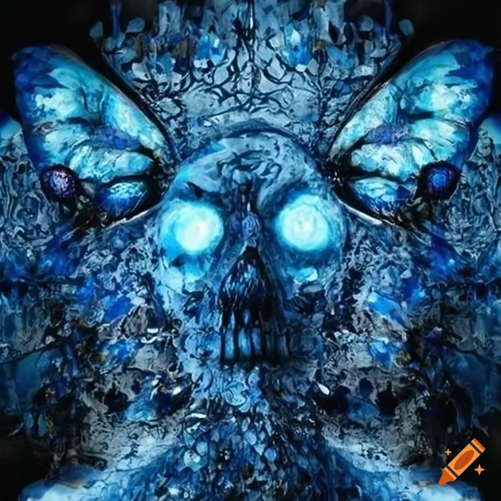 Abstract horror artwork with blue butterflies on Craiyon