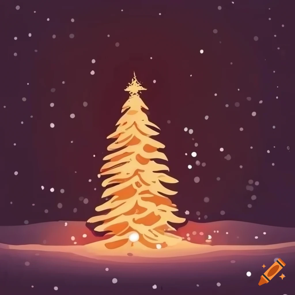 Line illustration of a lit christmas tree in a snowy suburban landscape ...