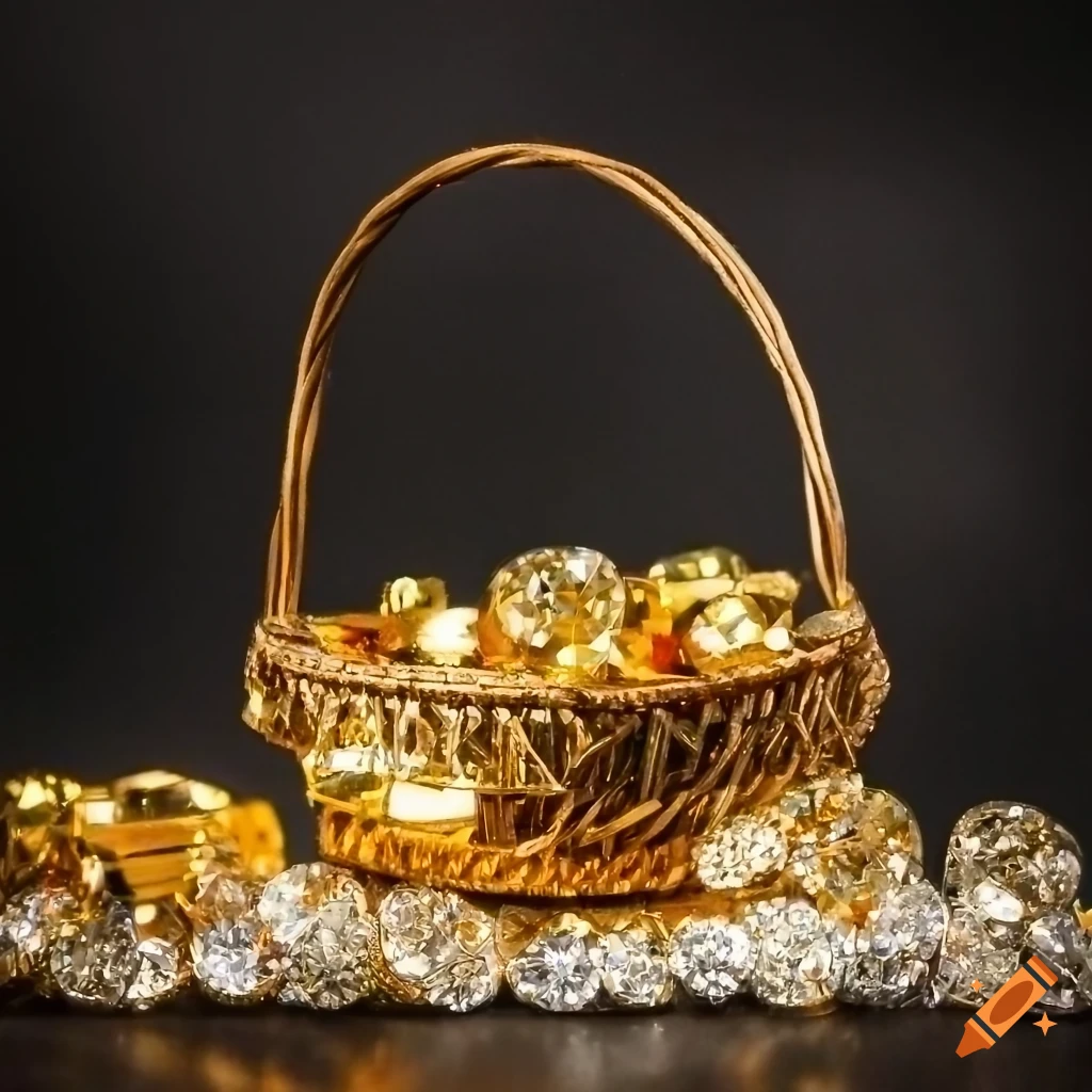 Photograph of a basket filled with diamonds and gold on Craiyon