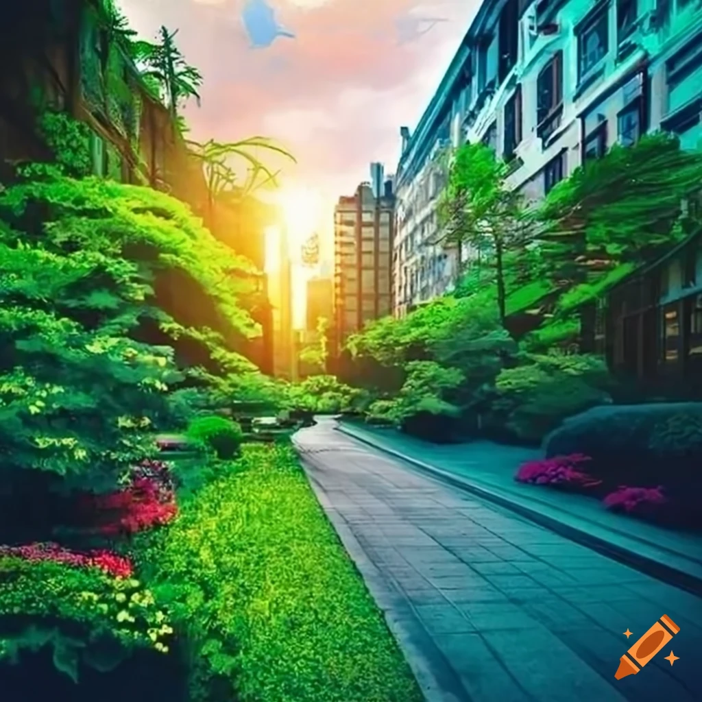 Vibrant cityscape with green gardens and bustling streets