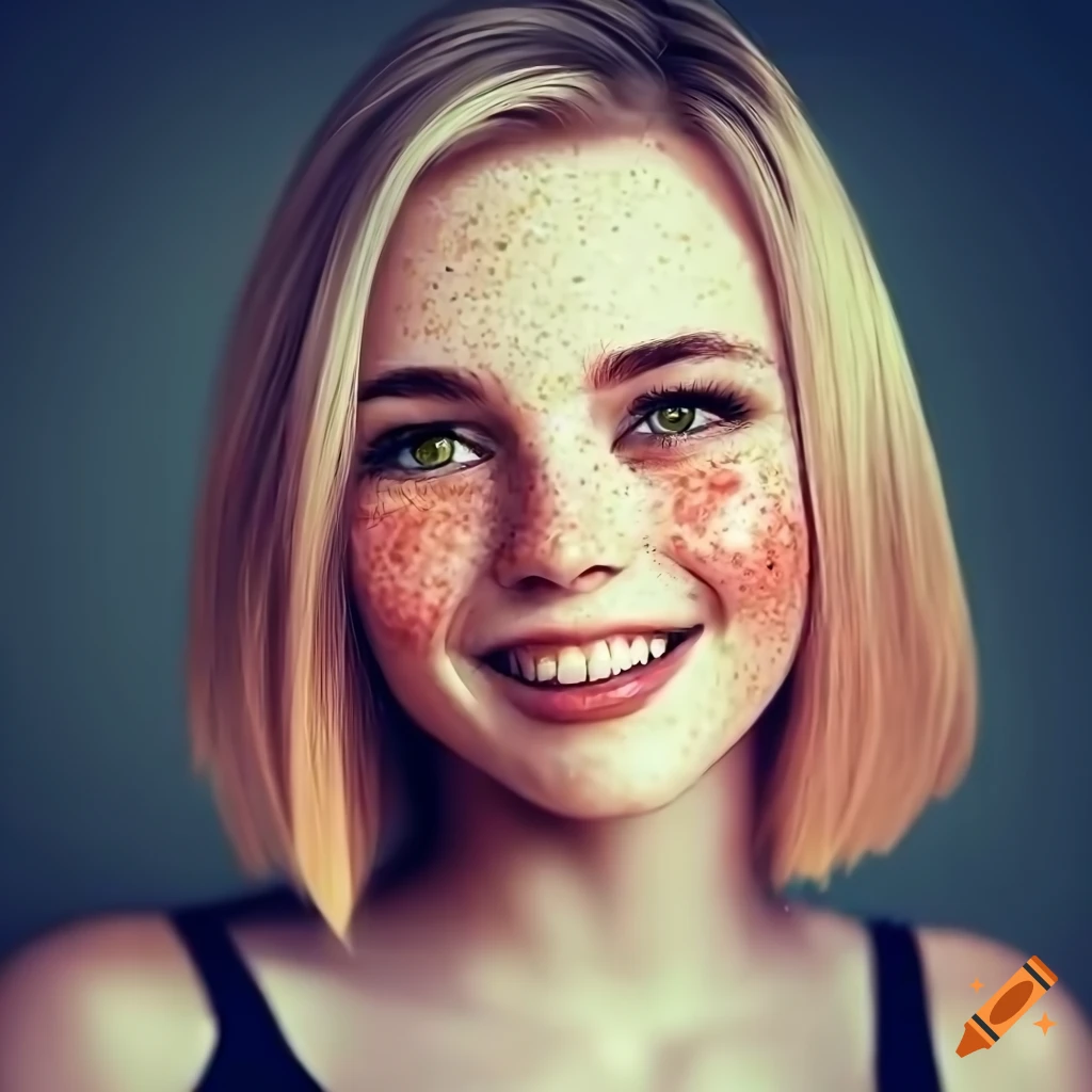 Portrait of a beautiful young woman with freckles and blonde hair on ...