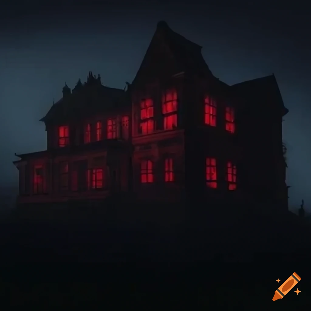 Eerie night scene of a creepy mansion in mist on Craiyon
