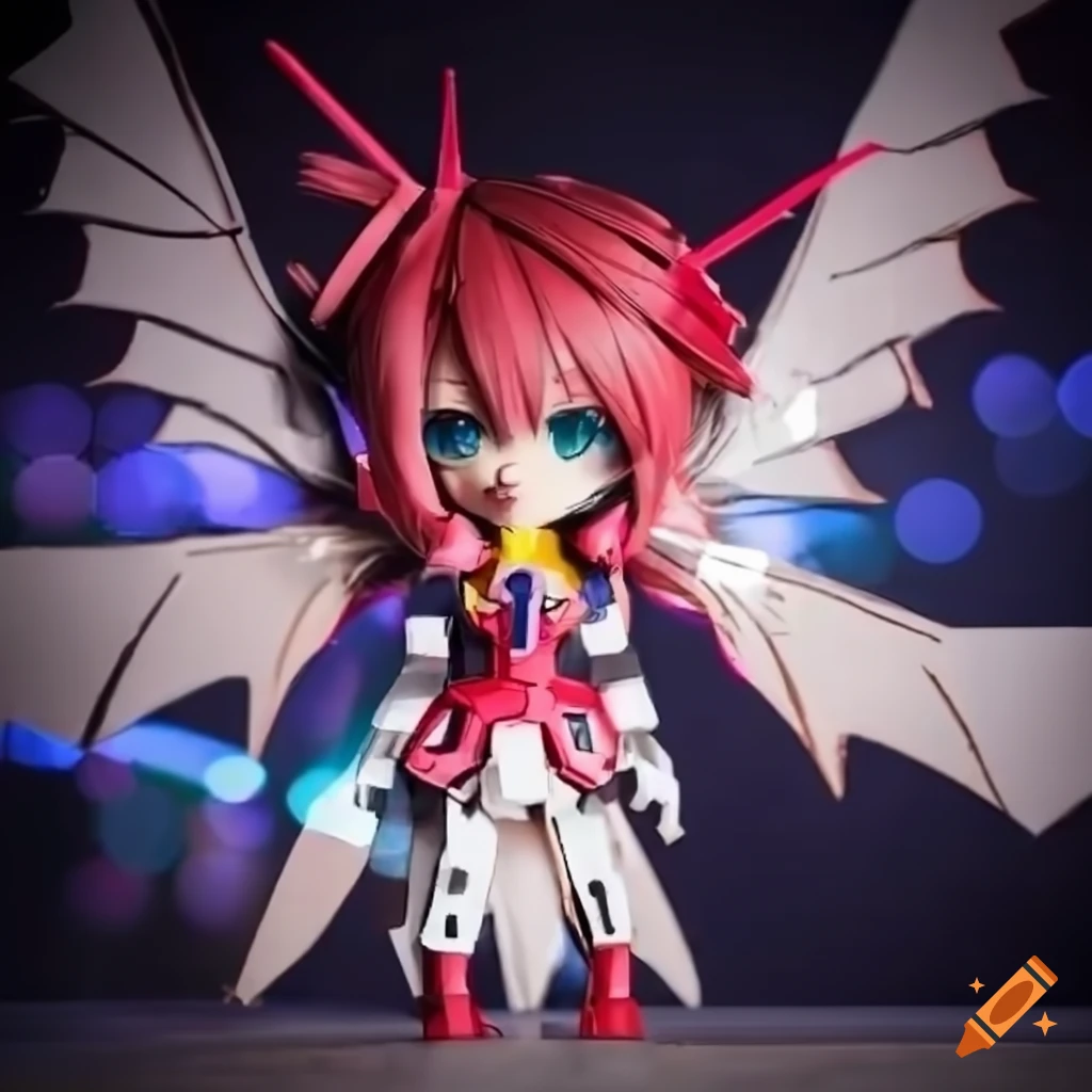 Chibi fusion of teto kasane and gundam robot with bat wings and forked ...