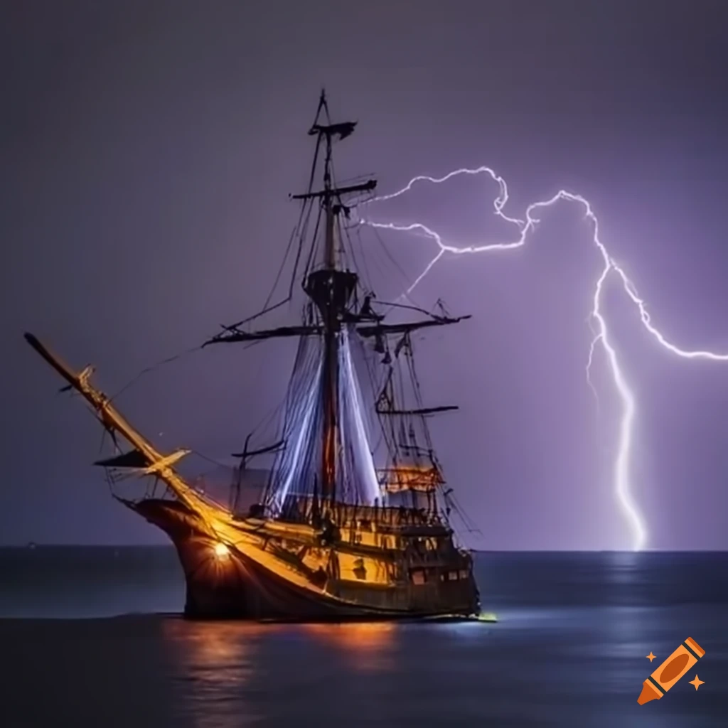 Night storm scene with a pirate ship and lightning on Craiyon