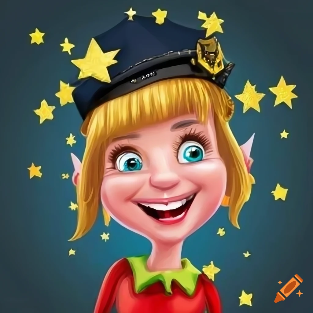 Cartoon elf girl with police hat celebrating christmas on Craiyon