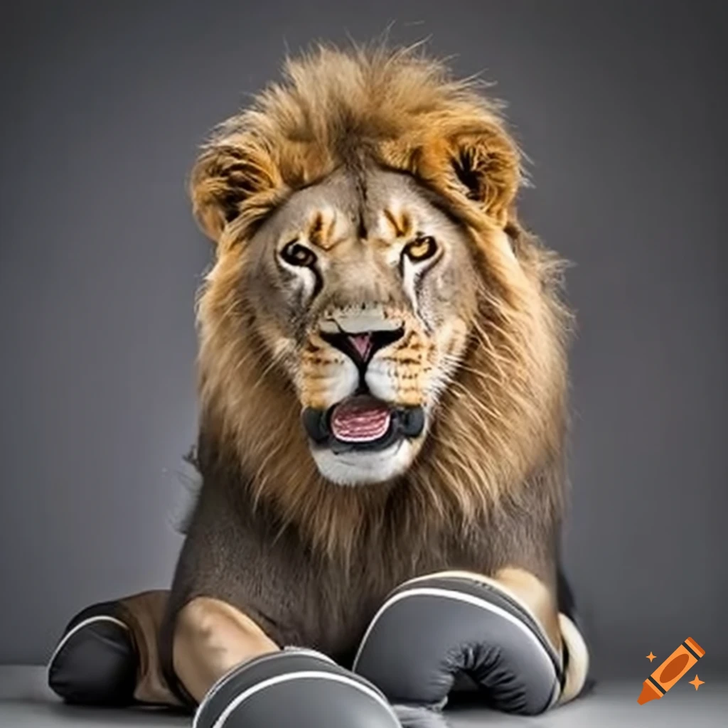 Man in muscular lion fursuit performing push ups on Craiyon