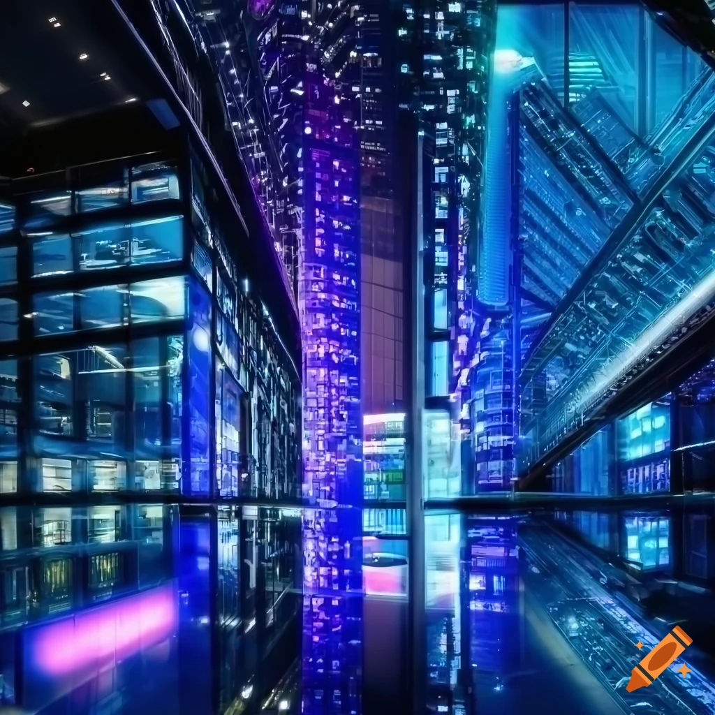 Night cityscape in a futuristic office complex on Craiyon