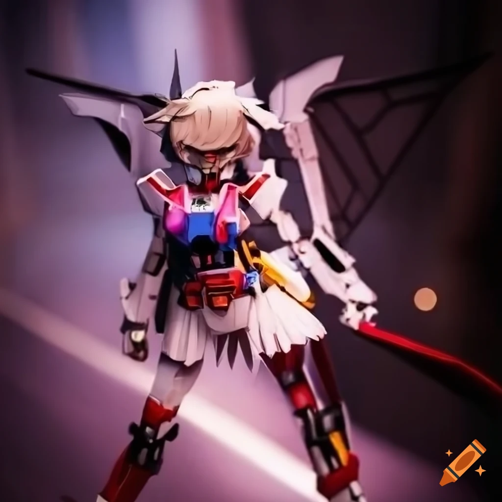 Chibi anime girl robot with bat wings and forked tail