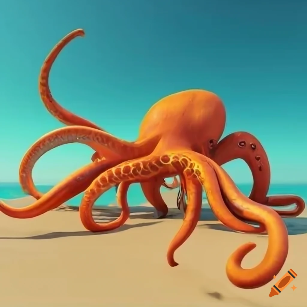 3d rendering of a long orange kraken on the beach