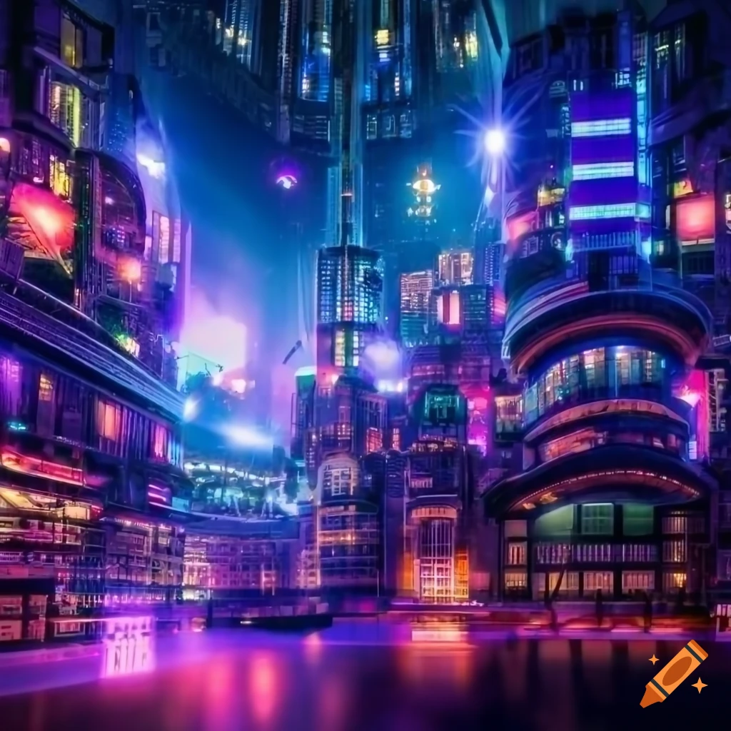 Photograph of a futuristic city at night on Craiyon