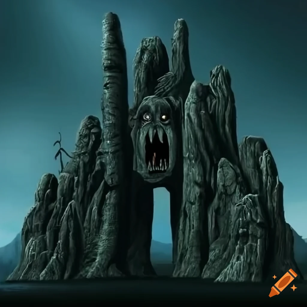 Sinister stone trees in moonlight