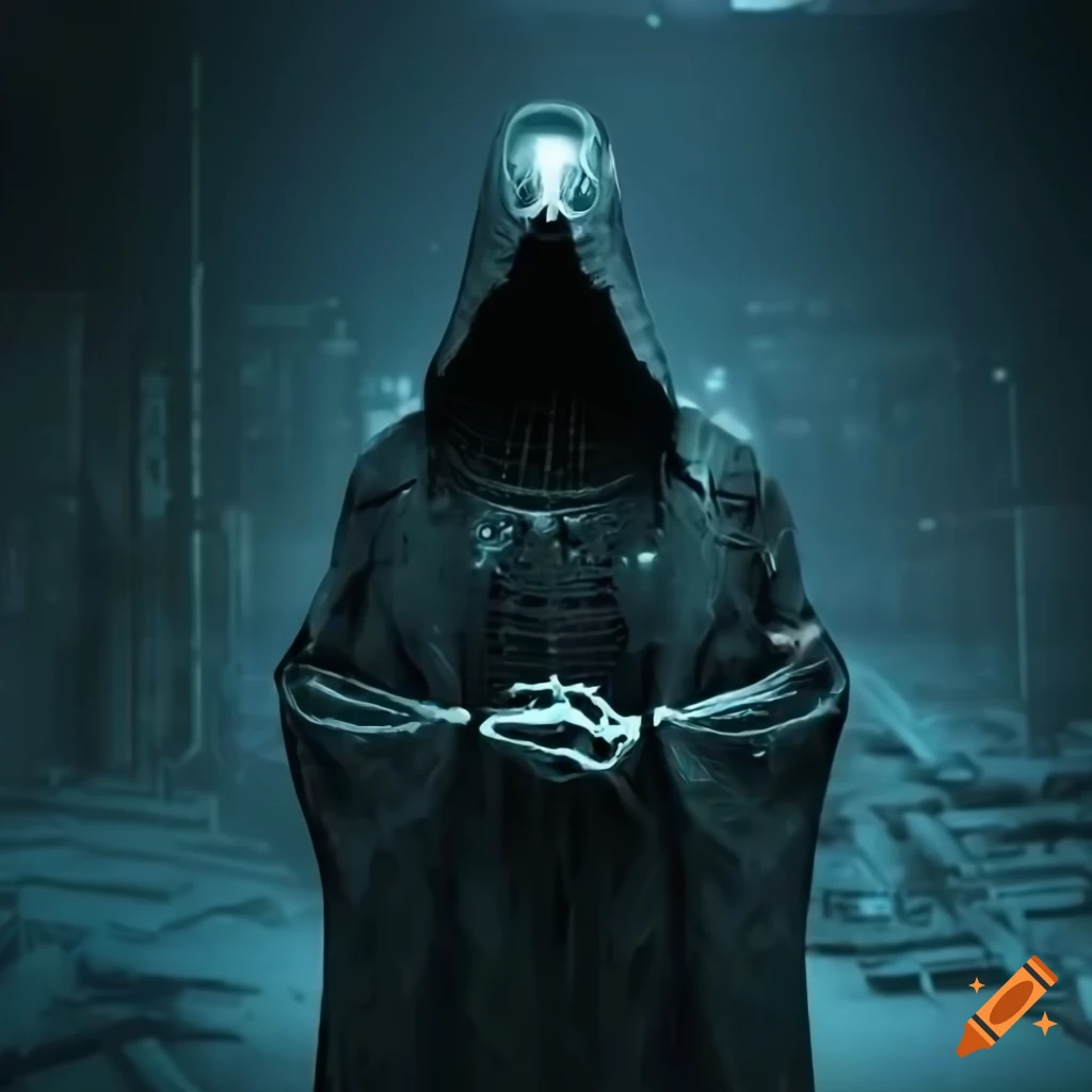 Dark cyberpunk skeleton in a black robe