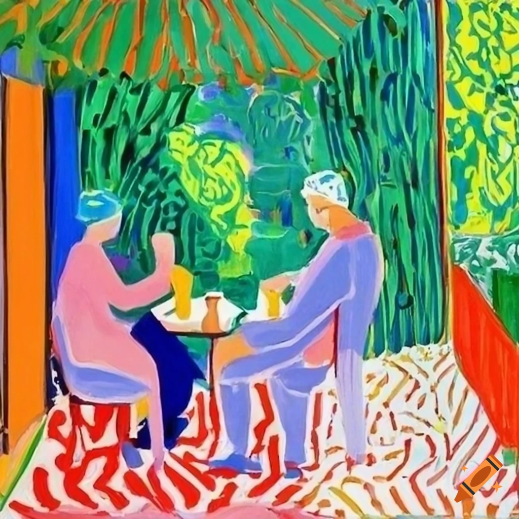 Artistic outdoor coffee shop with henri matisse, pablo picasso and ...